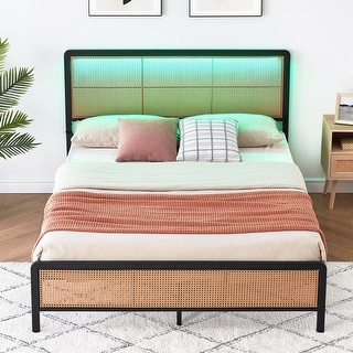 Bohemian Rattan Bed Frame Full with RGB LED Lighted Headboard - Bed ...