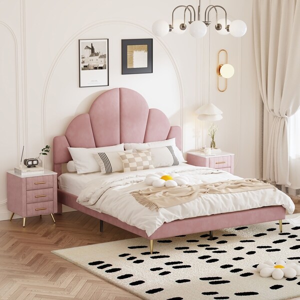 3 Pieces Bedroom Sets Queen Size Velvet Princess Platform Bed Frame with Petal Shaped Headboard 2 Nightstands with 3 Drawers Bed Bath Beyond 42259340
