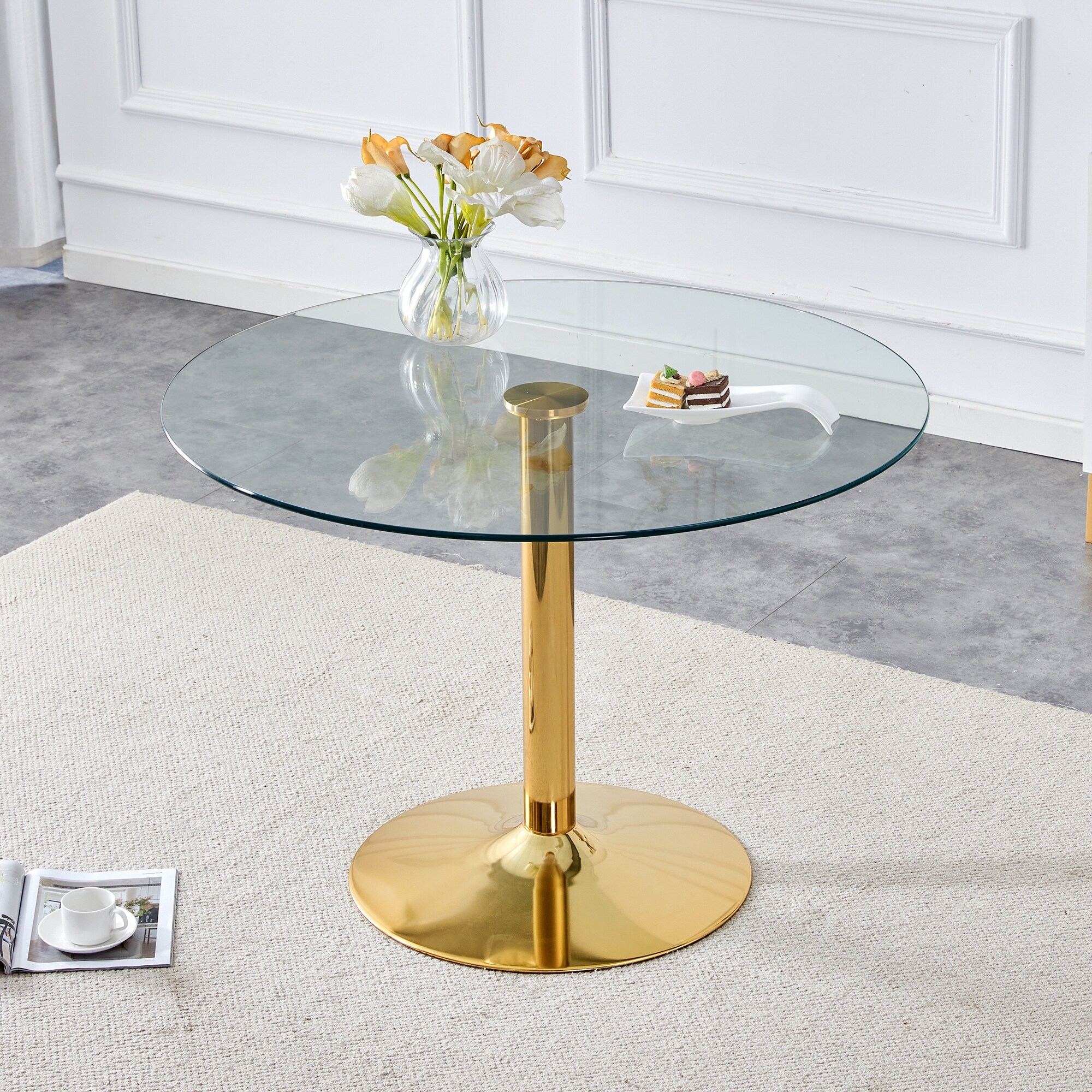 Minimalist round dining table with gold metal legs A 42 inch diameter glass top and a modern Bed Bath Beyond 42409824