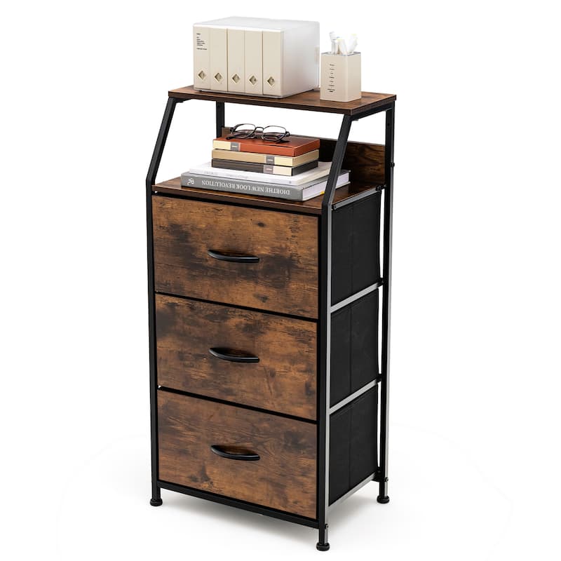 3 Drawers Dresser Storage Tower w Foldable Fabric Drawers Open Shelves ...