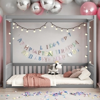 Full Size Wooden Canopy Frame Floor Bed with Guardrails Design - Bed ...