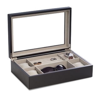 Curata Matte Black Finish Glass Lid Velour Lined Wooden 4-Watch and ...