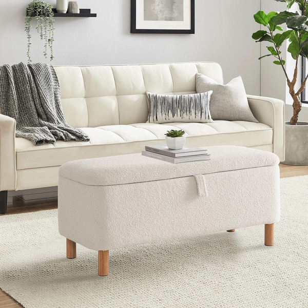39.5 Off White Boucle Storage Ottoman Bench Sherpa Storage Bench Ottoman Foot Rest End of Bed for Living Room Bedroom Wood Leg On Sale Bed Bath Beyond 40176137