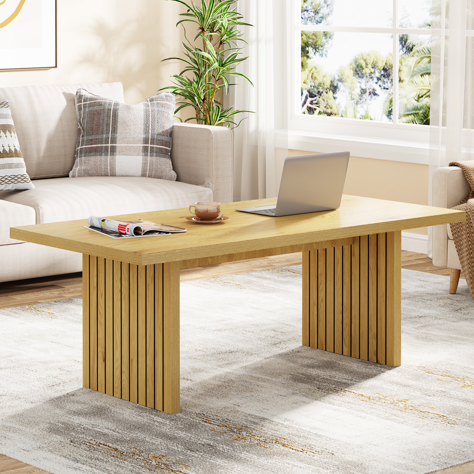 47.24 Long Coffee Table Wooden Center Table with Sturdy Support Base for Living Room Yellow
