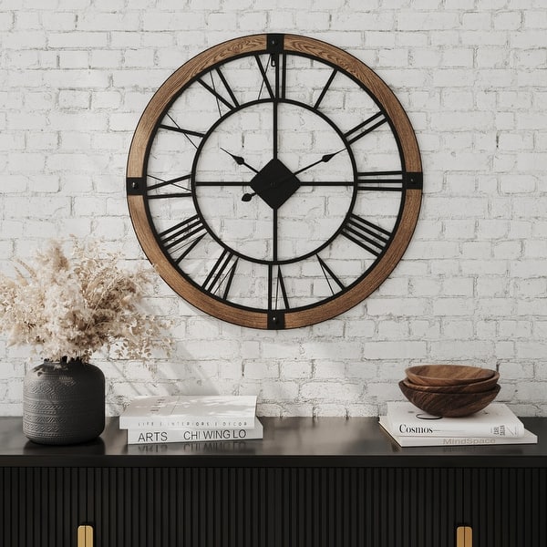 Marinela Round Wood Modern Farmhouse Wall Clock - 33"H x 33"W x 0.5"D ...