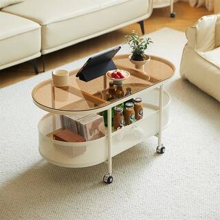 Rolling Oval Metal Coffee Table with Storage and Glass Top - Bed Bath ...