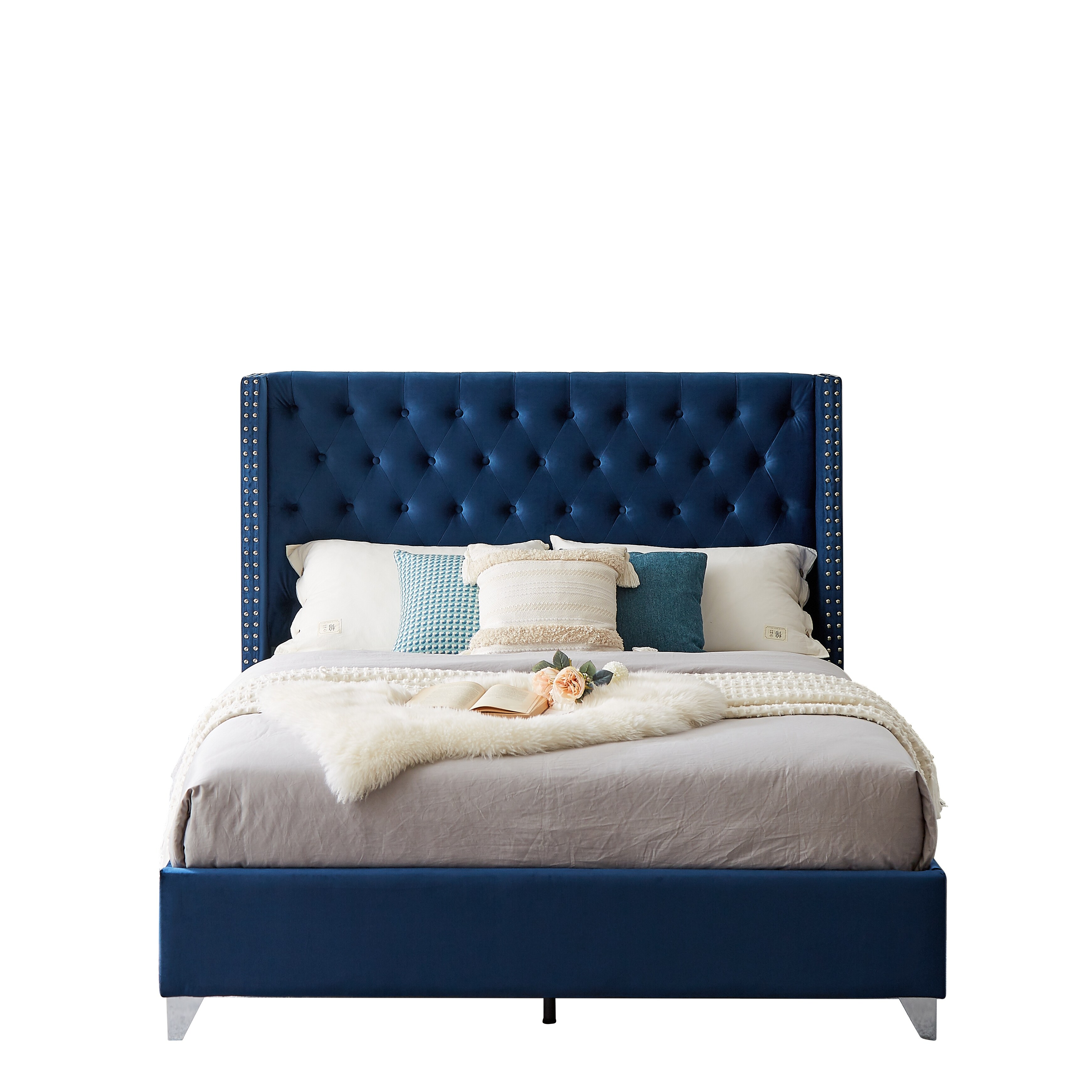 Blue Wingback Bed Queen Platform Wood Slat Support Bed Frame with Metal ...