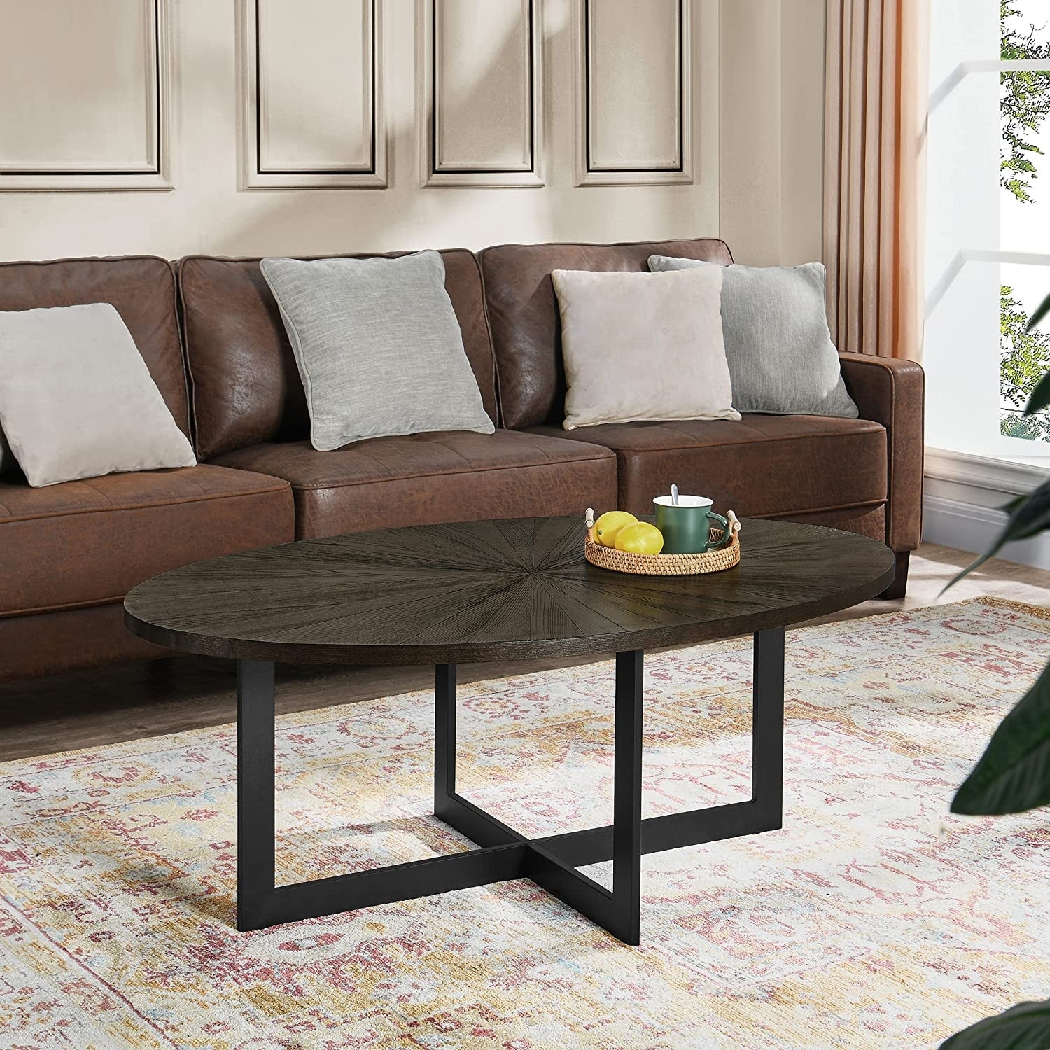Solid Wood Contemporary Oval Coffee Table with Cross Metal Legs Rustic Brown