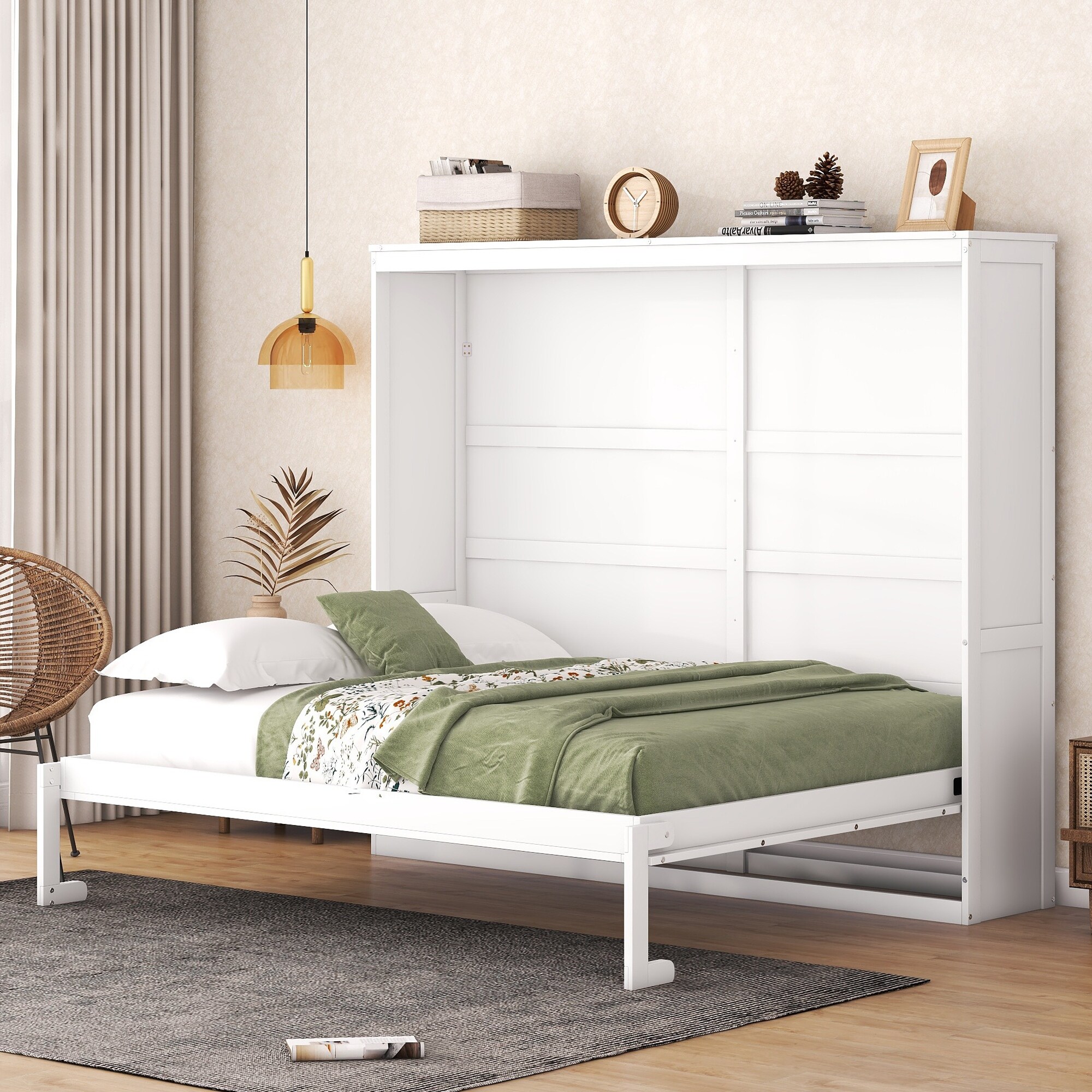 Wooden Space-Saving Murphy Bed Wood Foldable Bed Wall Bed, Queen, White ...
