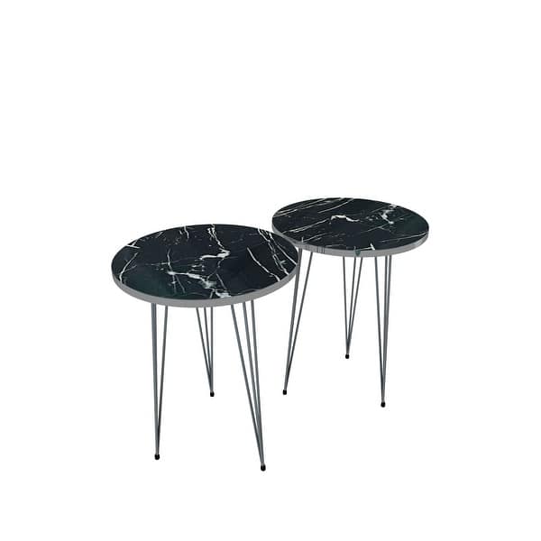 Set of 2 High Gloss Black Marble Silver Legs End Tables Round Wood ...