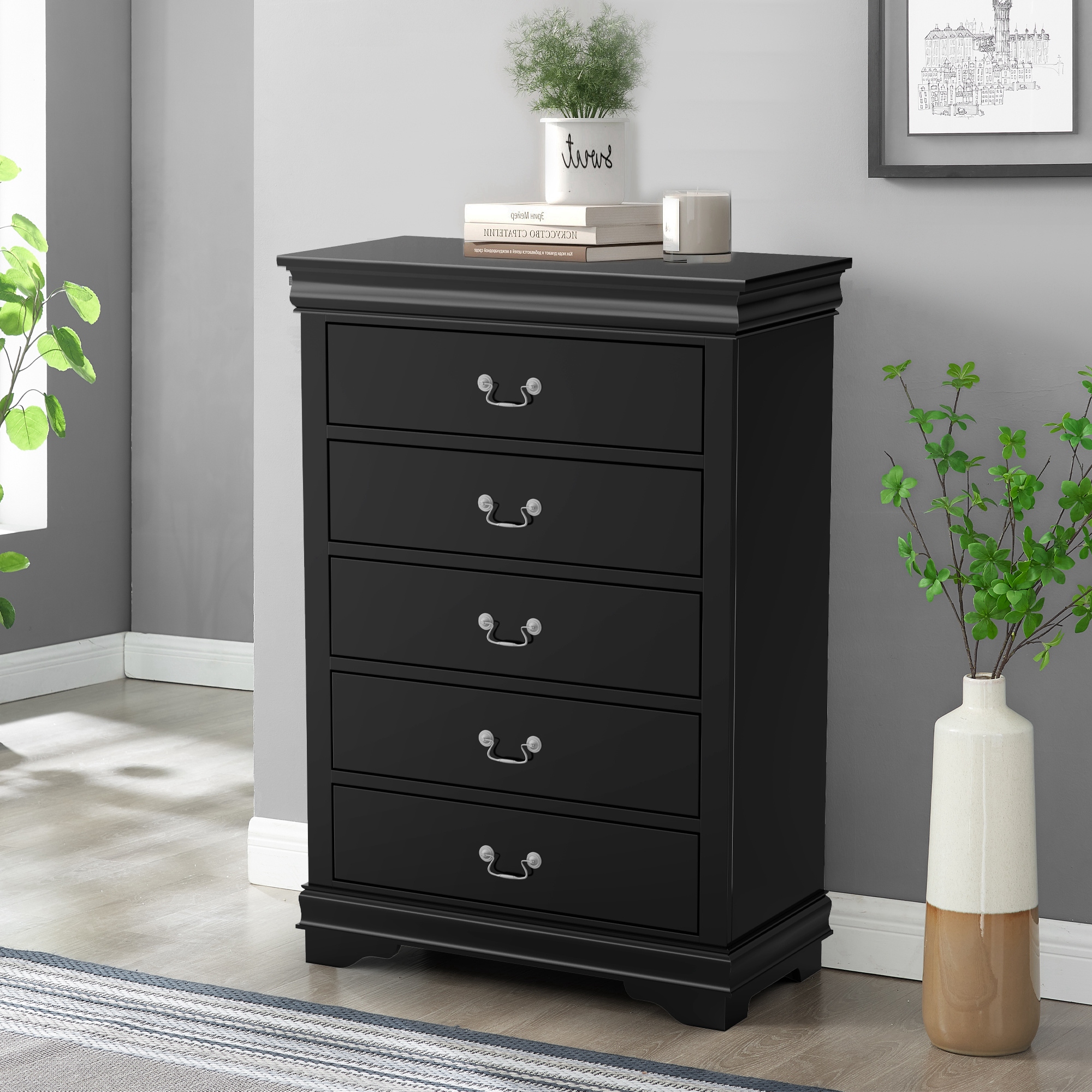 48 Tall Modern Black Solid Wood 5 drawer Storage Chest