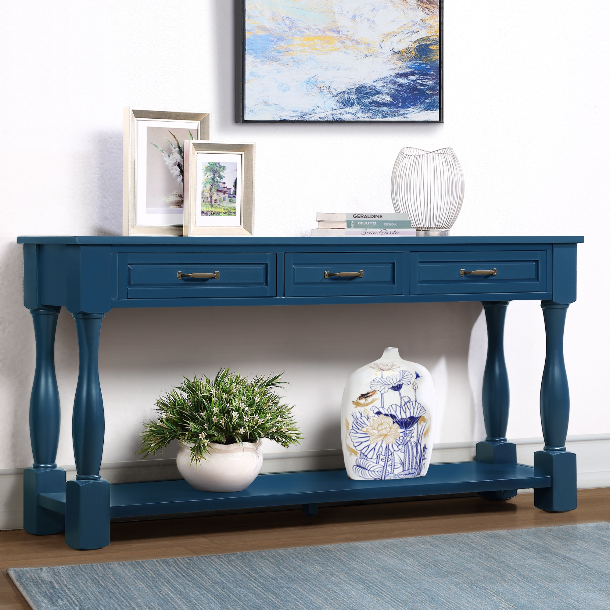 63.38 Wood Console Table Hallway Table with Storage Navy Blue