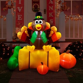 Joyfy 6ft Tall Inflatable Turkey on The Straw Bale with Built-in LEDs ...