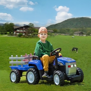 12V Battery-Powered Kids Tractor with Trailer, Remote Control, and Dual ...
