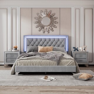 3-Pieces Queen Size Bedroom Sets with LED Lights Upholstered Platform ...