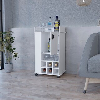 White Bar Cart w/ 6 Wine Cubbies and Single Door Storage, Cocktails ...