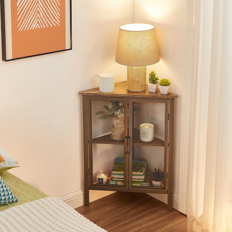 VECELO Triangular Corner Cabinet 27.5" 3-tier End Table with Mesh Doors ...
