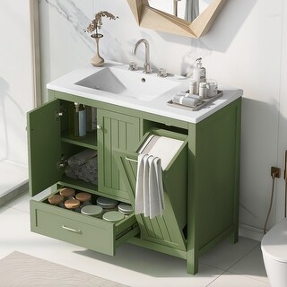 36-inch Green Bathroom Vanity with Ceramic Sink, Left-Side Storage, and ...