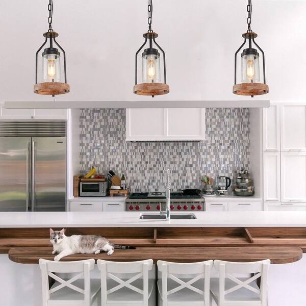 Anmytek Farmhouse 1 Light Black Cage Pendant Light Cylinder Glass