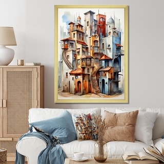 Designart "Cubism Art Tower III" Cubism Framed Wall Art Living Room ...