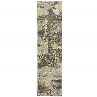 2' X 8' Grey And Gold Abstract Power Loom Stain Resistant Runner Rug ...