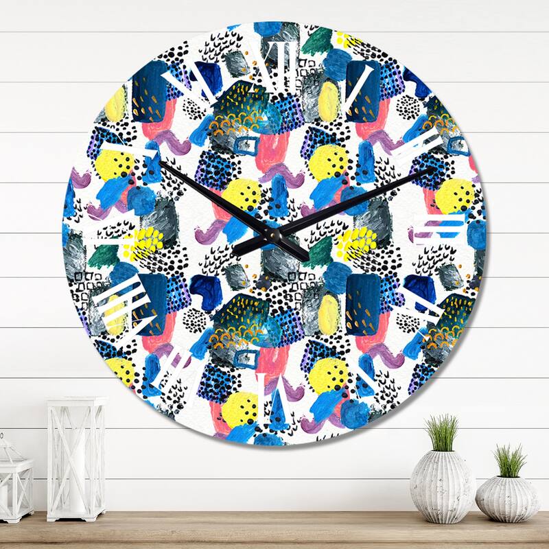 Designart 'Blue And Yellow Brush Strokes' Patterned wall clock ...