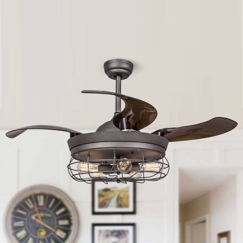 Industrial 4-Blade Antique Gray Retractable Ceiling Fan with Remote ...