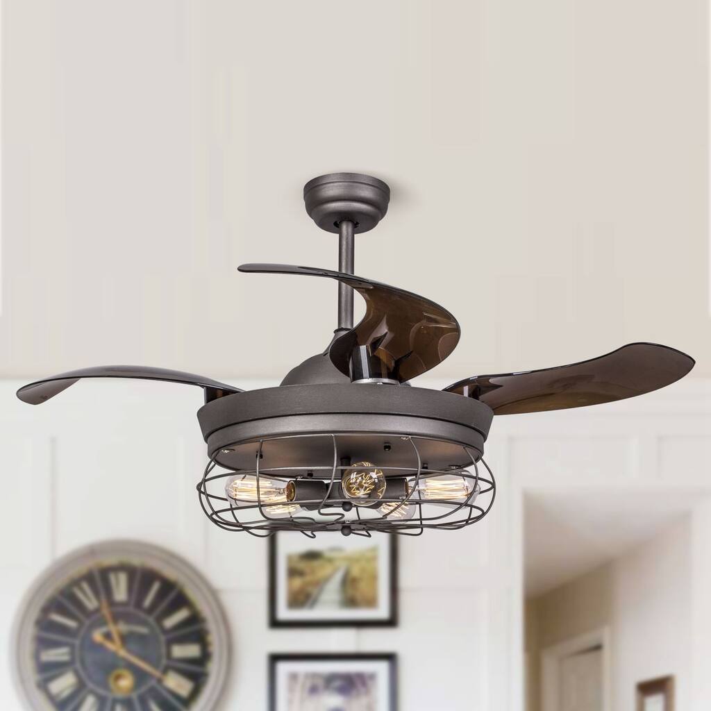 Industrial 4-Blade Antique Gray Retractable Ceiling Fan with Remote ...
