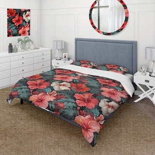 Designart "Hibiscus Twilight Ii Tropical Pattern I" Red Floral Bedding ...