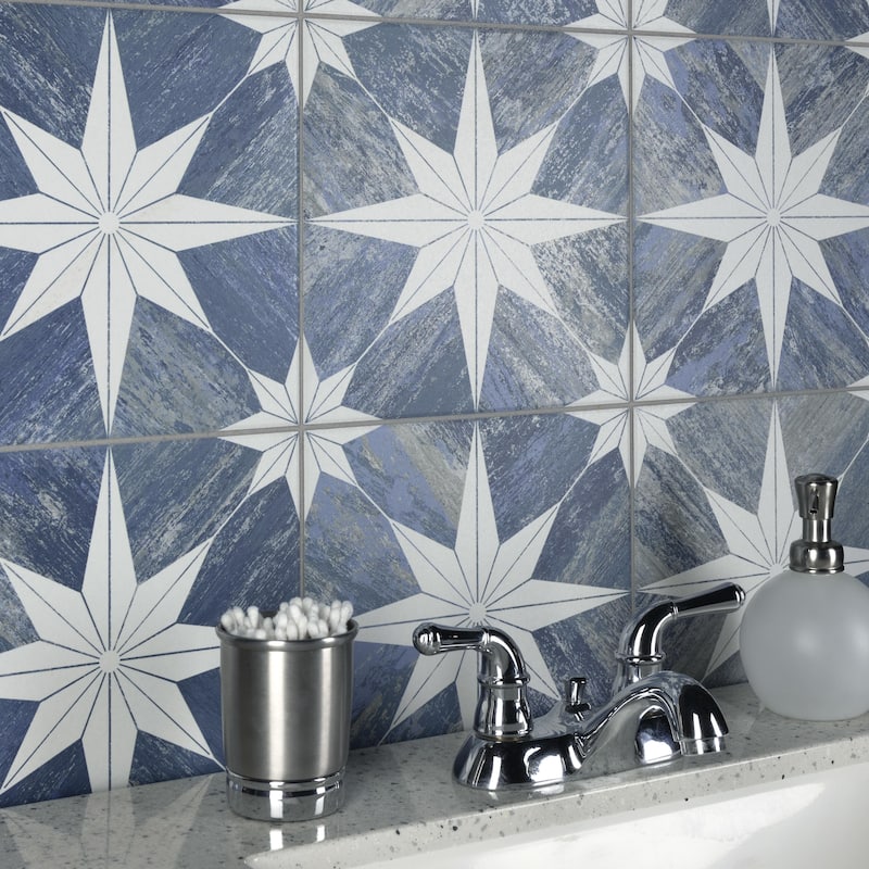 Merola Tile Cassis Stella Blue 9-3/4" x 9-3/4" Porcelain Floor and Wall ...