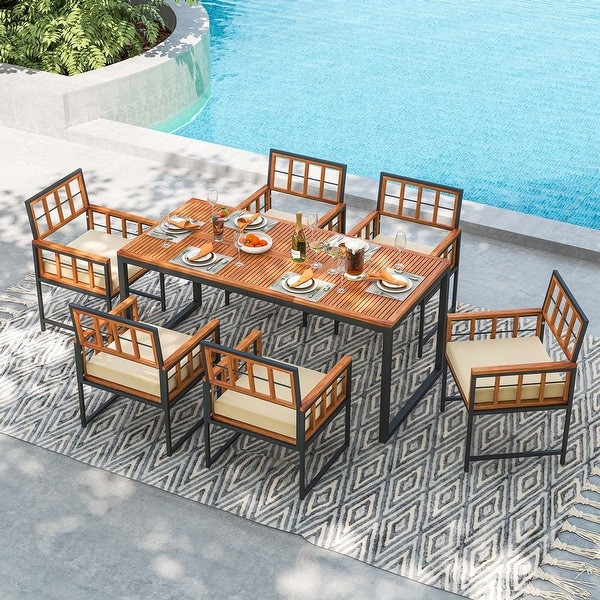 Costway 7 Pcs Patio Dining Set Outdoor Acacia Wood Table with Soft Cushions Umbrella Hole