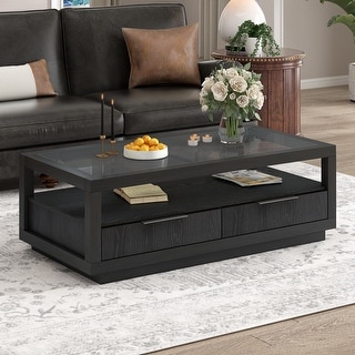 Modern Wood Coffee Table with 2 Drawers,Minimalist Display Table with Transparent Tempered Glass ...