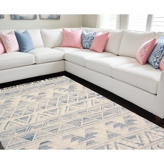 HomeRoots 10' X 14' Blue and Ivory Wool Geometric Flatweave Handmade ...