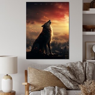Designart "Yellow Howling Wolf At Sunset" Wolf Wall Décor Red - Modern ...