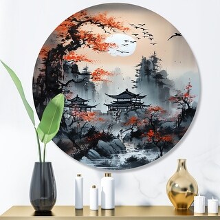 Designart "Red Moonset Raven Cry Japon IV" Japon Landscape Metal Round ...
