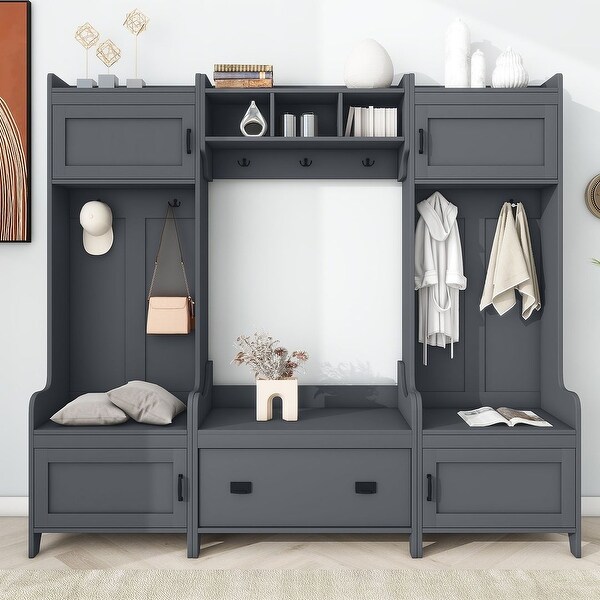 Hall Tree Storage Cabinet with 4 Hidden Hooks, Bench, and Open ...