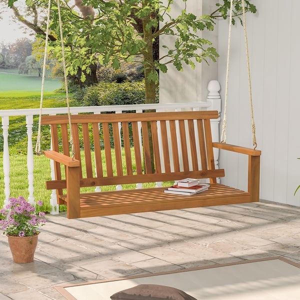 Gymax 2-Person Acacia Wood Outdoor Porch Swing Patio Hanging Bench ...