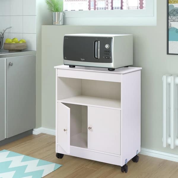 Wood Kitchen Microwave Cabinet Cart with 4 Wheels and Shelf,White - Bed ...