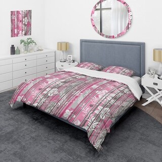 Designart 'Pink and Grey Floral Striped' Patterned Duvet Cover Set ...