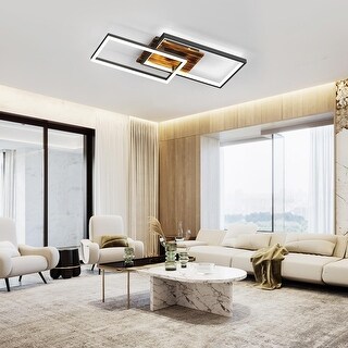 MD1969 Dark Wood Rectangle Vintage Ceiling Light Dimmable with Remote ...