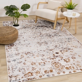 Sheffield Collection - Cream/Orange/Blue/Beige Faded Emblem Rug - Bed ...