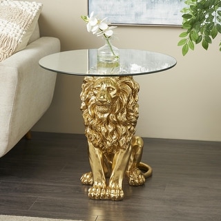 Gold Resin Sitting Lion Side End Accent Table with Glass Tabletop - Bed Bath & Beyond - 42226334