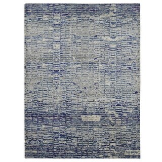 Shahbanu Rugs Yale Blue with Purple, Diminishing Bricks Design, Sari ...