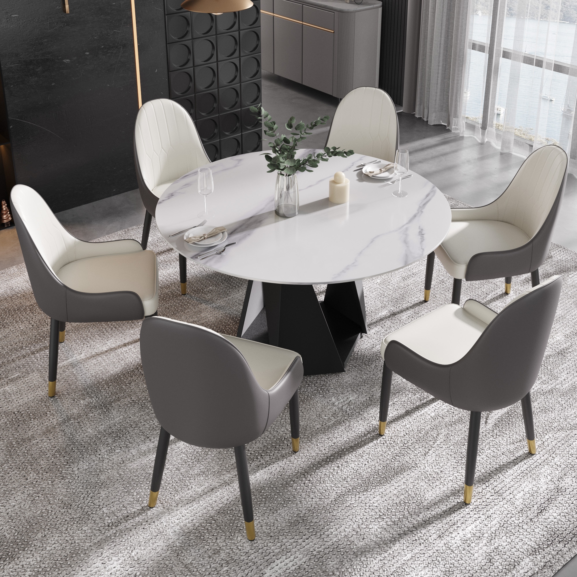 Round Dining Table Modern Marble Kitchen Dining Table 53 Mid Century Table with Pedestal Metal Base for 4 to 6 Person