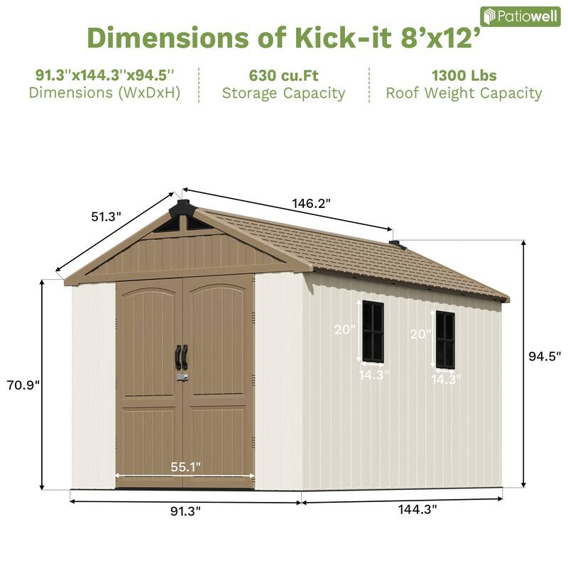 Patiowell 8' x 6' / 8' x 8' / 8' x 10 '/ 8' x 12' Plastic Outdoor Shed ...