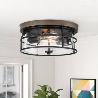 2 Light Flush Mount Ceiling Light Wood and Matte Black Finish - 12" x ...