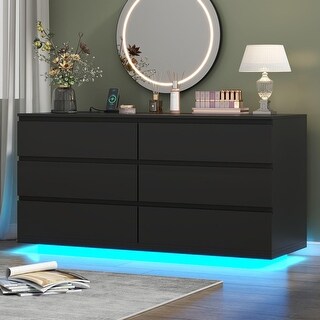 Modern 6-Drawer Floating Dresser with LED Lighting and Built-in ...