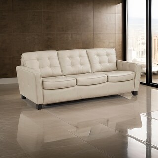 Erin 87 Inch Sofa, Beige Leather, Stitch Tufting, Cushions, Solid Wood ...