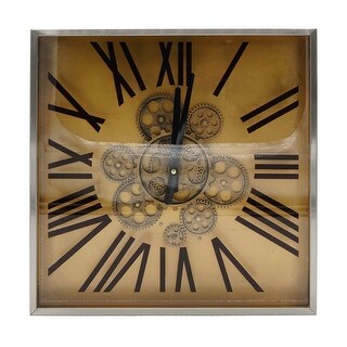 16 Inch Square Wall Clock, Gear Design, Roman Numeral, Gold, Black ...