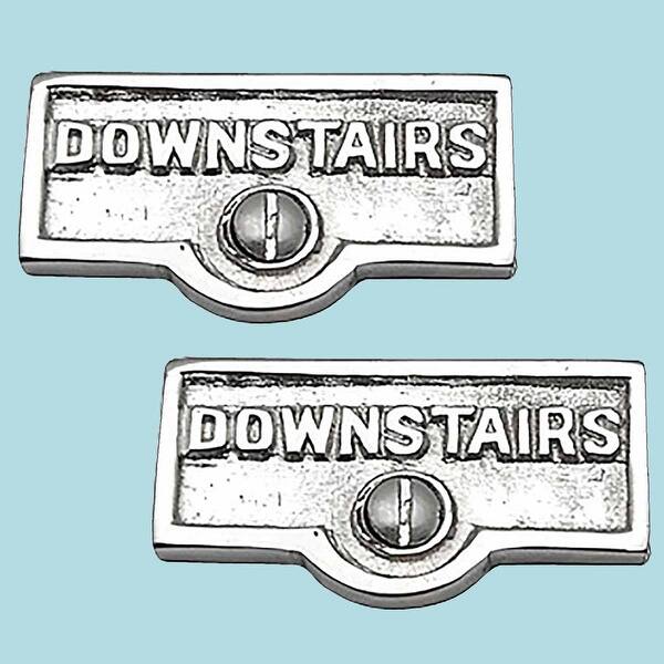2 Switch Plate Tags DOWNSTAIRS Name Signs Labels Chrome Brass ...